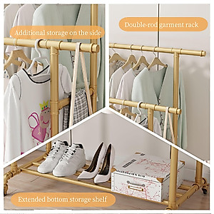 BOSURU Double-Rod Gold Clothes Racks, Industrial Pipe Clothing Rack with Wheels, Garment Rack with Shelf and 2 Side Rods, Loads up to 220 lb, for Bedroom, Clothing Store, Gold