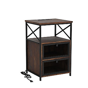 VECELO 24" End Table with Charging Station, Flip Drawer Nightstand Set of 2 with USB Ports and Outlets for Bedroom,Living Room, Rustic Brown