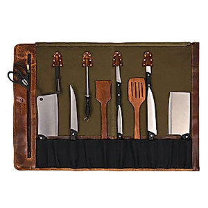 Leather Canvas Knife Roll Storage Bag Expandable 10 Pockets Detachable Shoulder Strap Travel-Friendly Chef Knife Case Roll By Aaron Leather Goods (Louisville, Canvas Leather)