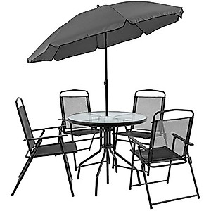 Flash Furniture Nantucket 6 Piece Patio Garden Table Set - Umbrella Table - Set of 4 Black Folding Chairs