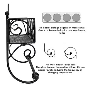 IMAYLLA Paper Towel Holder with Shelf Storage, Decorative Scrollwork Design Adhesive Wall Mount Basket Organizer for Kitchen Bathroom