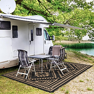 GENIMO Outdoor Rug for Patio Clearance, 5' x 8' Waterproof Plastic Straw Mat, Reversible Camping Carpet, Large Area Rugs Mats for Rv, Backyard, Deck, Porch, Picnic, Beach, Balcony, Black & Brown