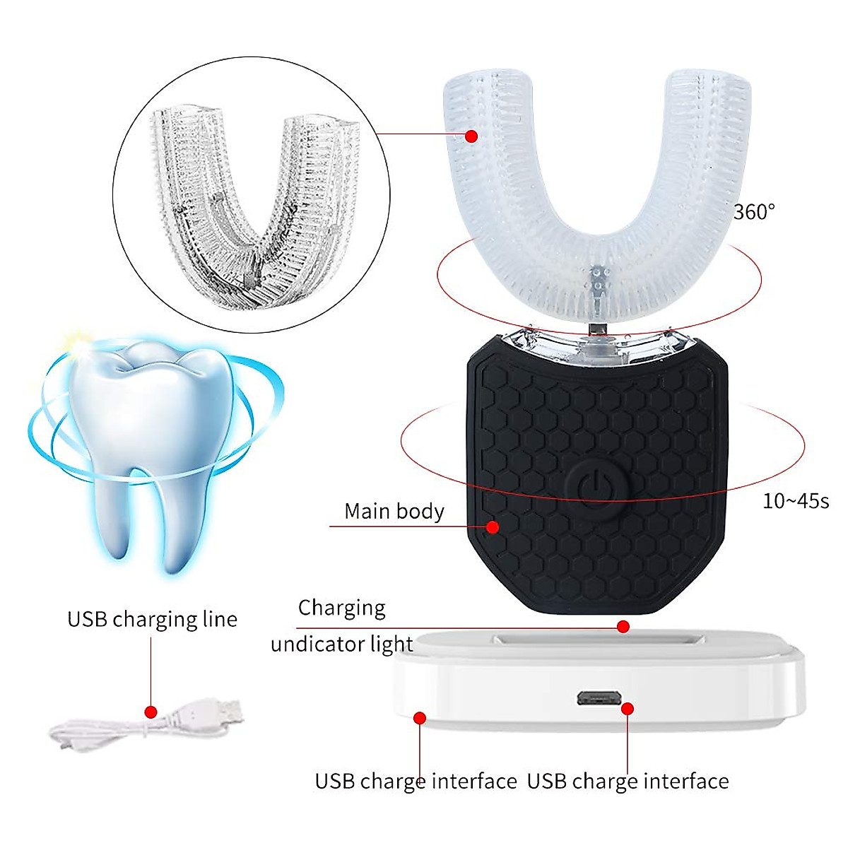 Magentak Automatic Electric Toothbrush for Adults, 360 Degree Electric Toothbrush, Electric Travel U Shape Toothbrush, Black