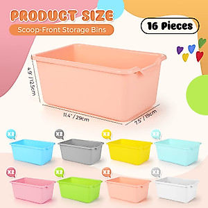 Dandat 16 Pcs Cubby Bins Plastic Books Bins Bulk Scoop Front Classroom Cubby Organization Stackable Toy Storage Tubs Containers for Classroom Office Home(11.42 x 7.87 x 5.12 Inch)