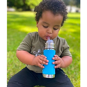 Pura Kiki 11oz/325ml Stainless Steel Straw Bottle w/Sleeve, 100% Plastic-Free, MadeSafe Certified, 100% Medical-Grade Silicone Straw for Kids, Toddlers, Preschoolers, Babies & Infant – Aqua