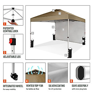 CROWN SHADES 10x10 Pop Up Canopy with 1 Side Wall - Beach Tent with One Push Setup - Outdoor Sun Shade for Events, Parties, Camping - Gazebo with STO-N-Go Cover Bag (Beige)