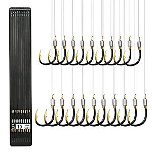 LNOJENR Fishing Hooks with Line, Strong Sharp Double Hook Rigs with Barbs, Pre Tied Fish Hooks Already Tied‑in Fishing Wire/Leader, Black Gold Fish Hook for Freshwater/Seawater (20 PCS), Medium, D10
