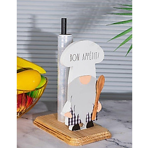 Rae Dunn Paper Towel Holder for Countertop Roll with Gnome Decor - Farmhouse Stand Dispenser Counter Real Wood Base Kitchen Gnomes Decoration Home As Show
