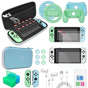 Accessories Bundle Compatible for Nintendo Switch OLED 2021, Essential Protection Kits with Carrying Case, Screen Protector, Cards Storage Case, Hand Grips, Cover for JoyCon & Thumb Grip Caps