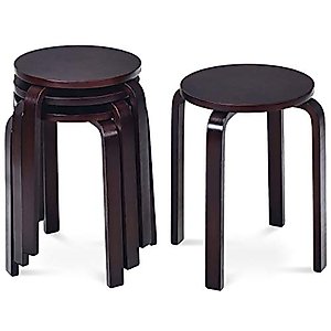 COSTWAY Stackable Bentwood Stools Set of 4, 18-Inch Height Backless Counter Chairs with Round Top, Anti-Slip Felt Pad, Portable School Stool for Dining Room, Kitchen, Classroom, Dark Coffee