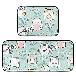 Kawaii Cute Cat Kitchen Rugs and Mats Set 2 Piece Non Slip Washable Runner Rug Set of 2 for Floor Home Decor Sink Kitchen Laundry