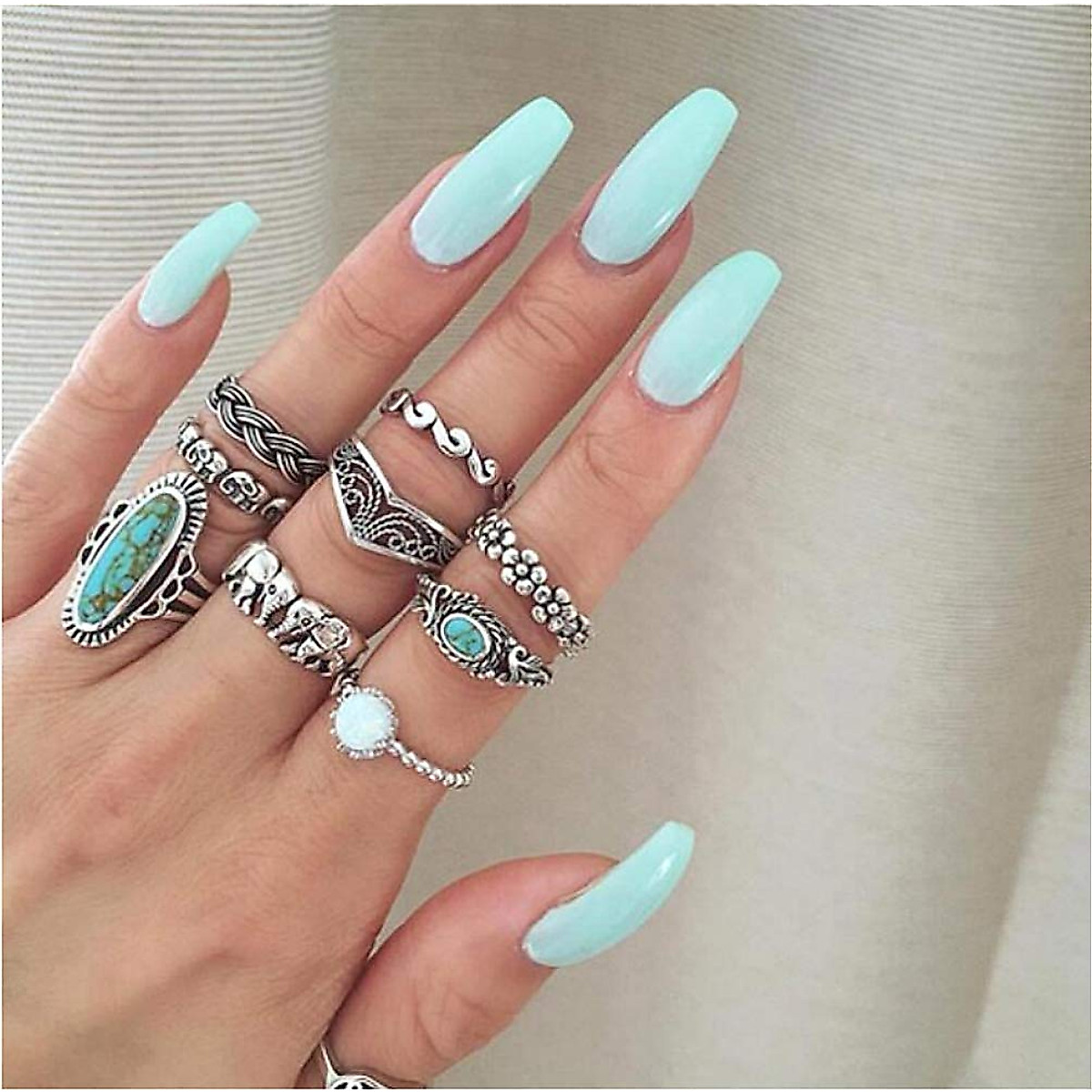 Cathercing 9 Pcs Turquoise Ring Set for Women Knuckle Vintage Rings Pack for Women Bohemian Rings Silver Joint Knot Rings Set Halloween Party Daily Gift (style 3)