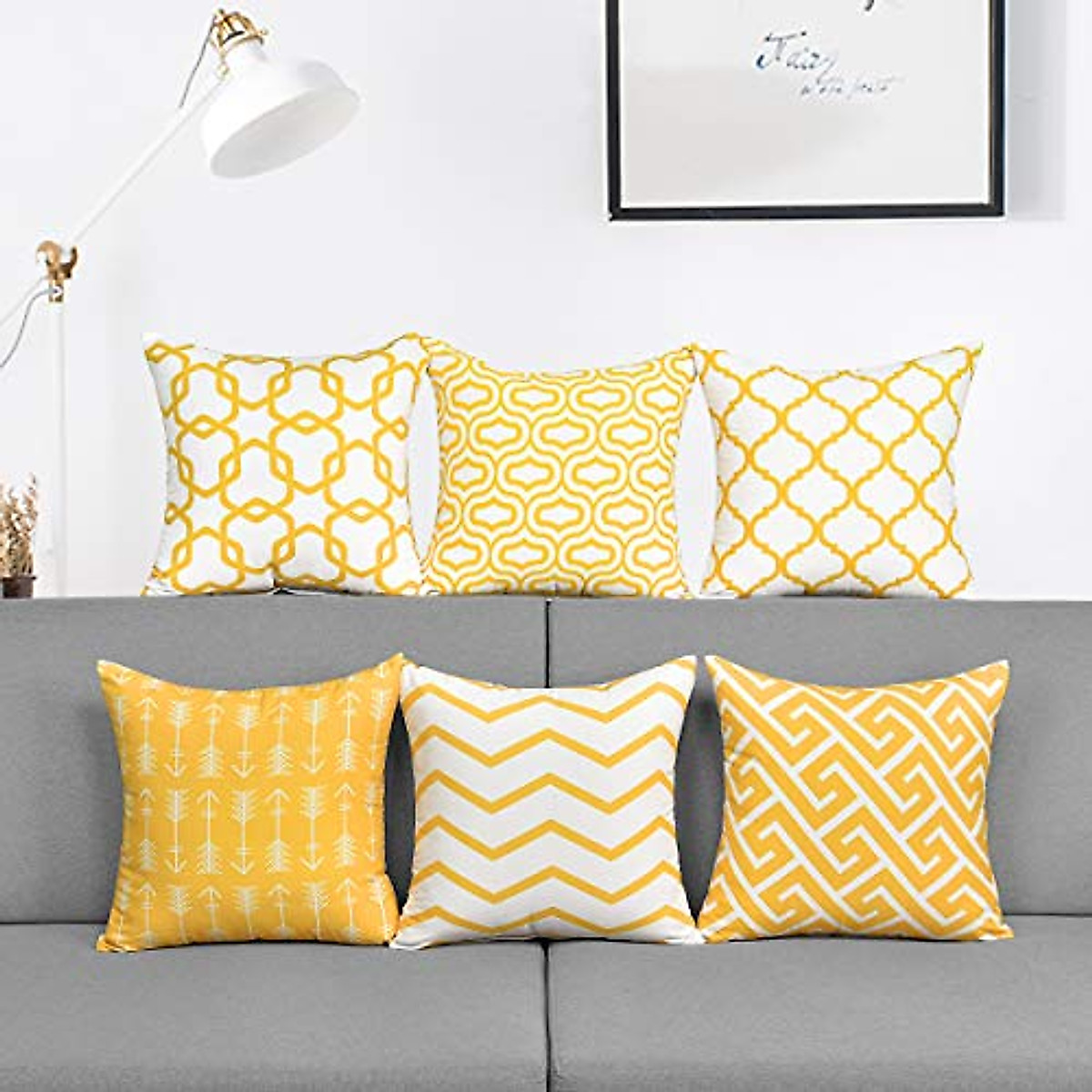 Yastouay Throw Pillow Covers Set of 6 Modern Decorative Throw Pillow Cases Geometric Pillow Covers Cushion Covers for Couch Sofa Bedroom Car (Yellow and White, 18 x 18 Inch)