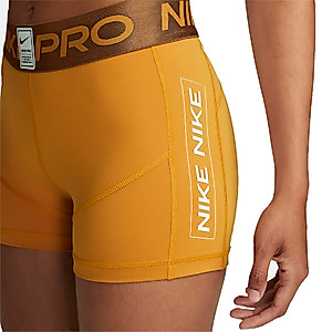 Nike Pro Women's Mid-Rise 3" Graphic Shorts (Gold Suede/Ale Brown/Barely Green, Medium)
