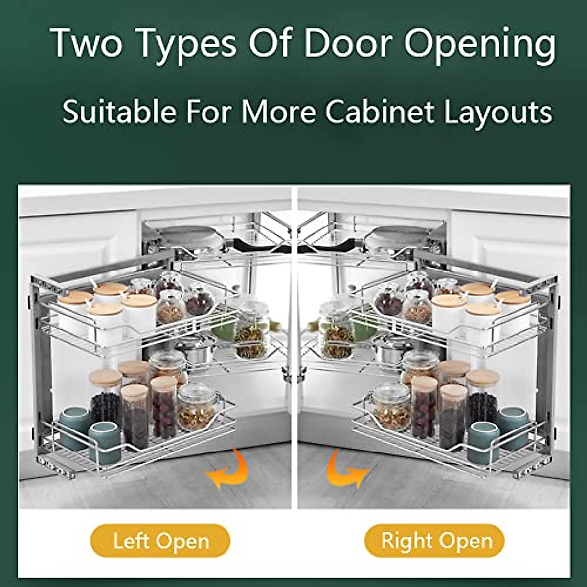 JayHumphrey Blind Corner Cabinet Pull Out for 15 Inch Opening, Kitchen Corner Cabinet Pull Out Organizer, 2 Tier 4 Baskets Concealed Roller Slide Out Shelves, Chrome,Left Open