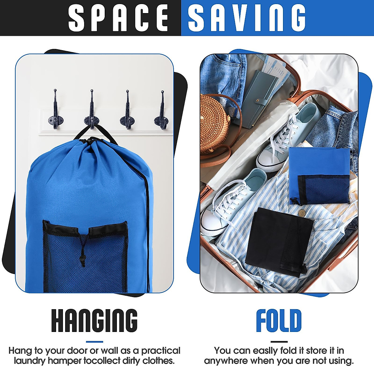 Clysee 2 Pack XL Laundry Backpack with Shoulder Straps and Mesh Pocket Portable Laundry Bag with Drawstring Closure Dorm Essentials for College, Dorm Room, Apartment(Black, Blue)