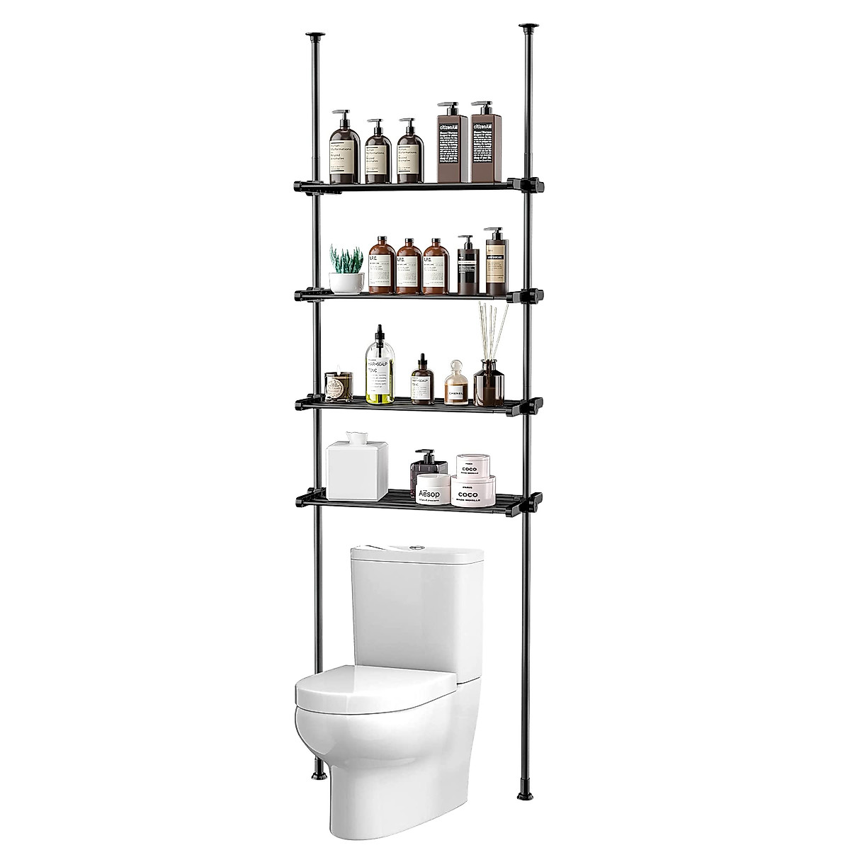 XIHUAN Adjustable Over The Toilet Storage Bathroom Organizer and Storage Shelf Stand Space Saving with Tension Poles 4 Tier Metal Rack White