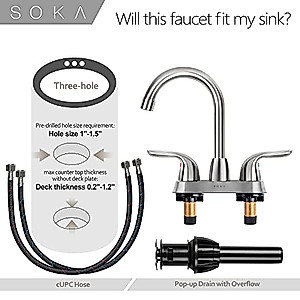 SOKA Centerset Bathroom Sink Faucet Two Handles High Arc 4" Lavatory Bath With Deck Plate & Pop-Up Drain Fit 3 Hole Installation, Brushed Nickel (SK18001NY)