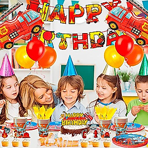 Fire Truck Birthday Party Supplies,155pcs Fire Truck Birthday Party Decorations for Boys-Firetruck Birthday Decorations Balloons Plates Napkins Tablecloth etc Fire Truck Themed Birthday Party Supplies