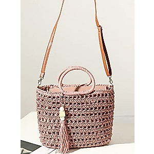 Straw Woven Handbag for Women Lightweight Casual Straw Crossbody Bag Purse Handmade Straw Tote with Tassel