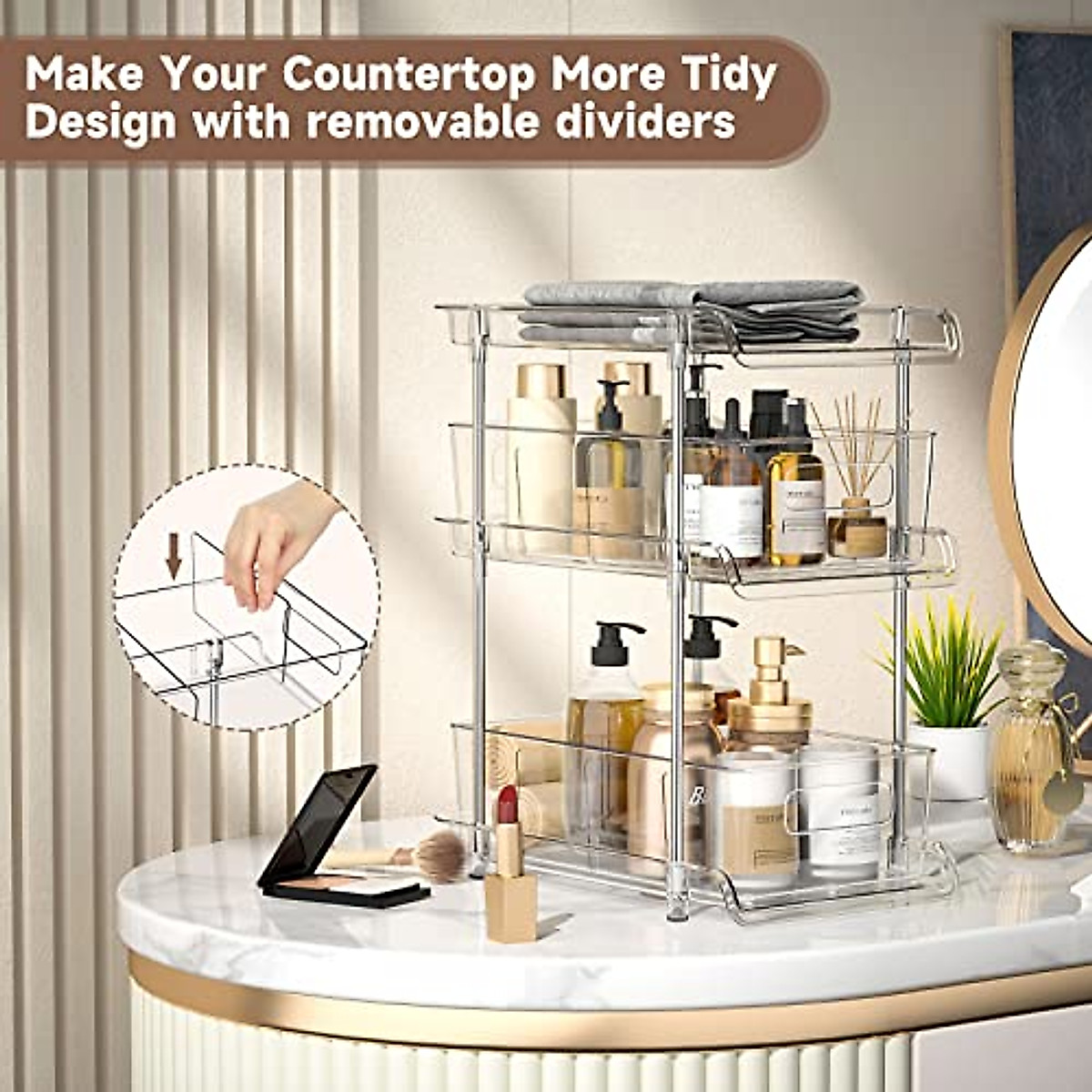 2Set 3 Tier Clear Bathroom Organizer with Dividers, Pull-Out Pantry Organization and Storage, Multi-Purpose Under Sink Organizers and Storage, Vanity Skincare Cosmetic Closet Organizer Medicine Bins