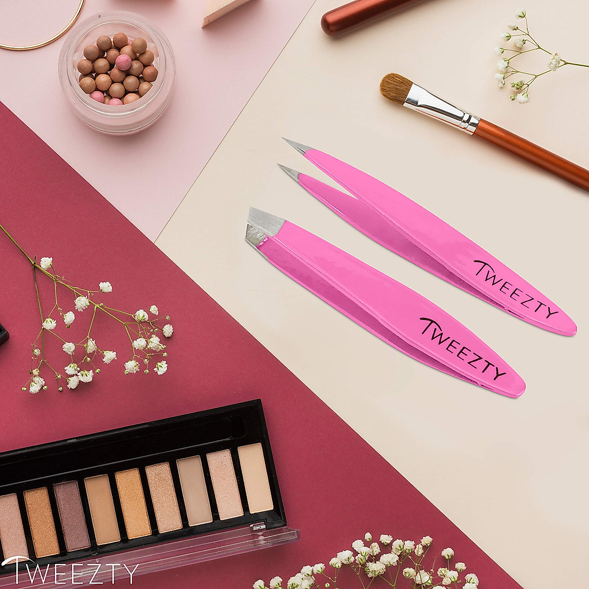 Tweezty Tweezer Set for Travel - Mini Slant Tweezers and Precision Tweezers - Tweezers for Eyebrows and Tweezers for Ingrown Hair - Pink Tweezers Kit with Travel Case