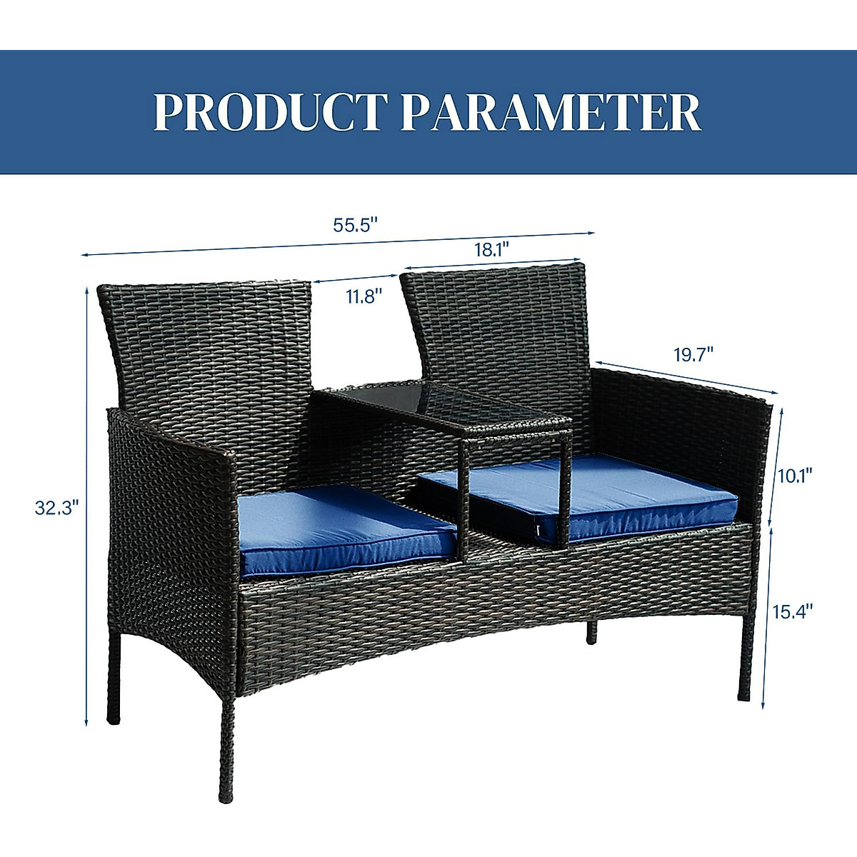 TINKLE WELL Wicker Outdoor Loveseat Modern Rattan 2-Seat Patio Conversation Set with Cushions & Built-in Coffee Table Porch Furniture for Garden Lawn Backyard, Black