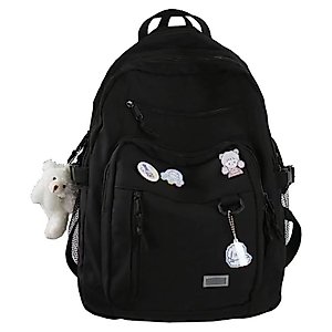 Aesthetic Backpack Cute Kawaii Backpack with Pins and Pendant Laptop Bag Casual Daypack for Women (Black,One Size)