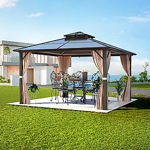 YOLENY 12'x12' Hardtop Gazebo, Outdoor Polycarbonate Double Roof Canopy, Aluminum Frame Permanent Pavilion with Curtains and Netting, Sunshade for Garden, Patio, Lawns