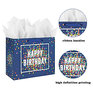 13" Large Happy Birthday Gift Bag Blue with Card and Tissue Papers for Men Boys Colorful Dots Design with Handles