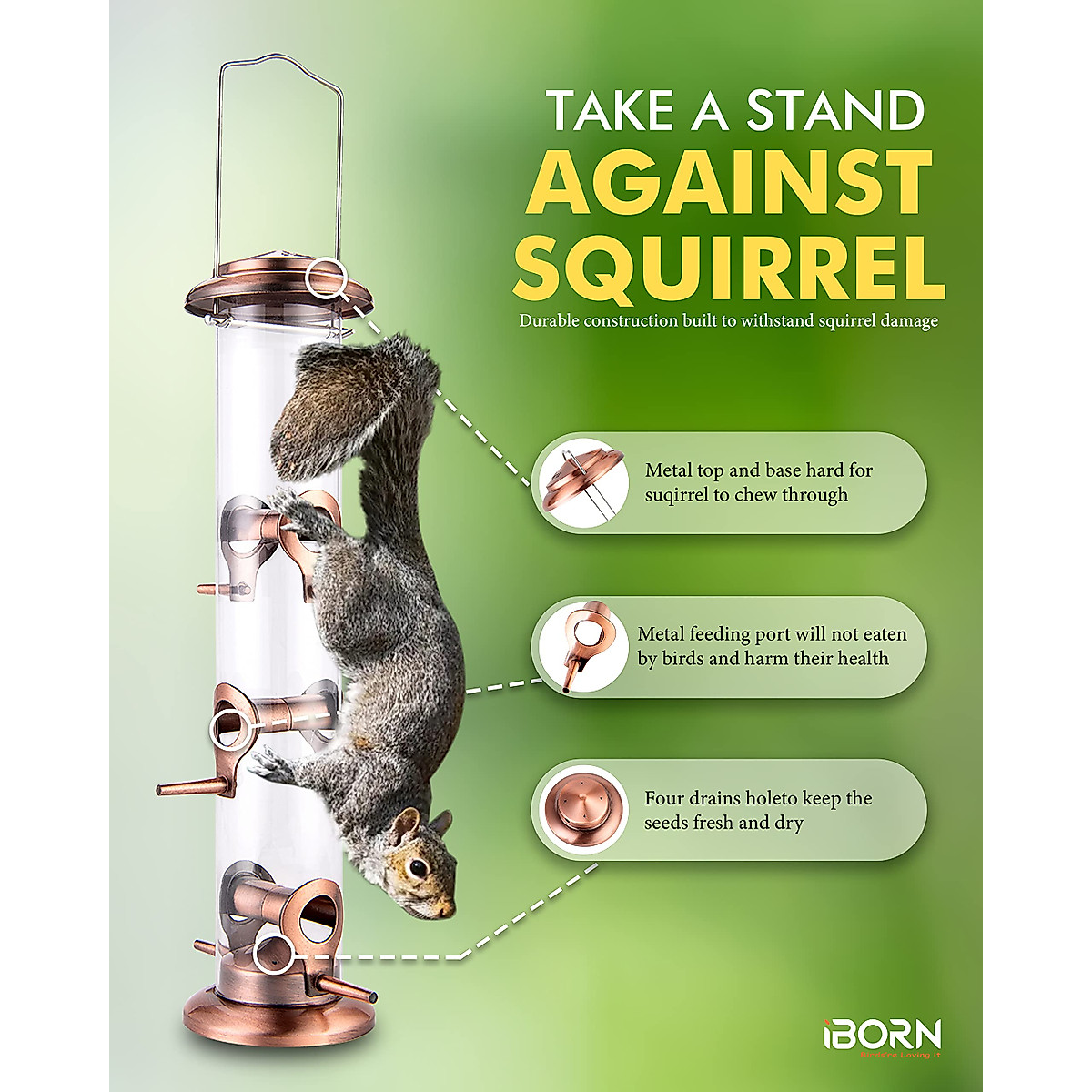 iBorn Metal Bird Feeders Brushed Copper Wild Bird Feeder for Outdoors Hanging All Metal Brushed Copper Finishing 14 Inch 6 Port(Seed is not Included)