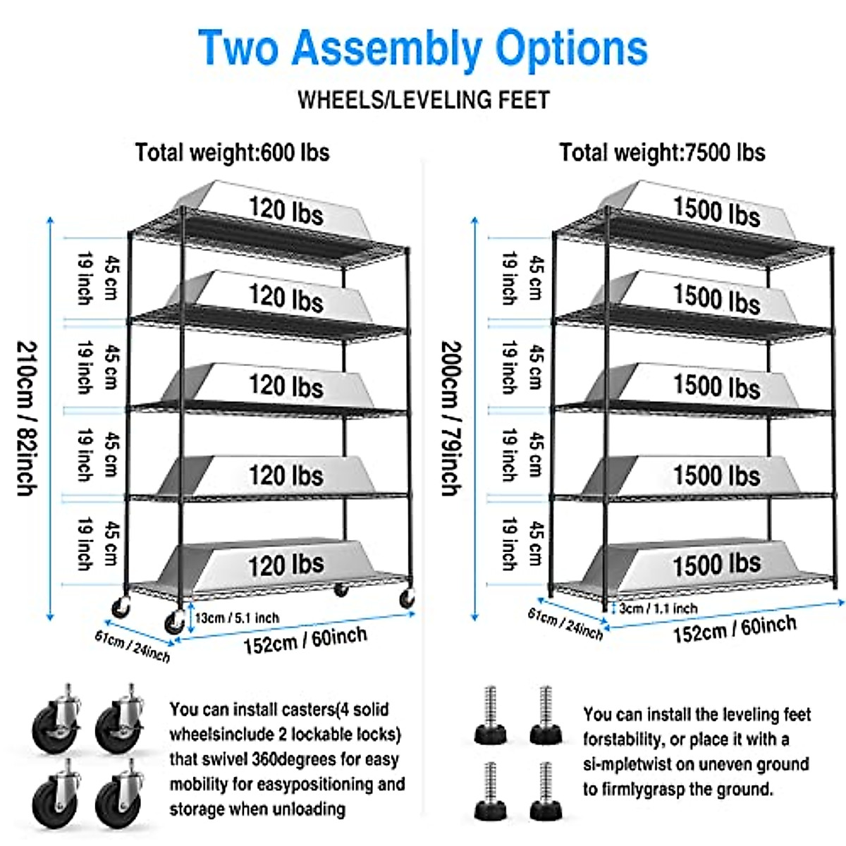 5 Tier NSF Metal Shelf Wire Shelving Unit, 7500lbs Capacity Heavy Duty Adjustable Storage Rack with Wheels & Shelf Liners for Commercial Grade Utility Steel Storage Rack , 82"H x 60"L x 24"D - Black