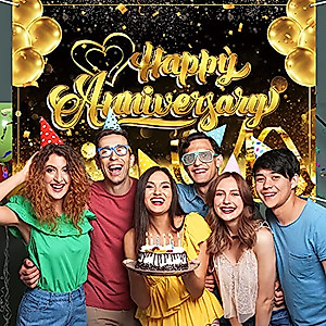 Gatherfun Happy Anniversary Banner Backdrop Anniversary Party Supplies Large Black Gold Photography Background Poster for Wedding Anniversary Party Birthday Party Decorations