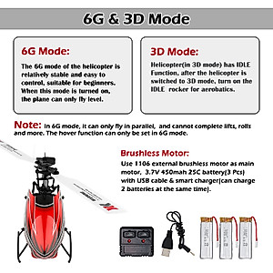 CKYSCHN Remote Control Helicopter, WLtoys K110S RC Helicopters with 3D/6G Mode Gyro for Adults, 6 Channel RC Aircraft with Brushless Motor, Mini Helicopter with 3 Batteries