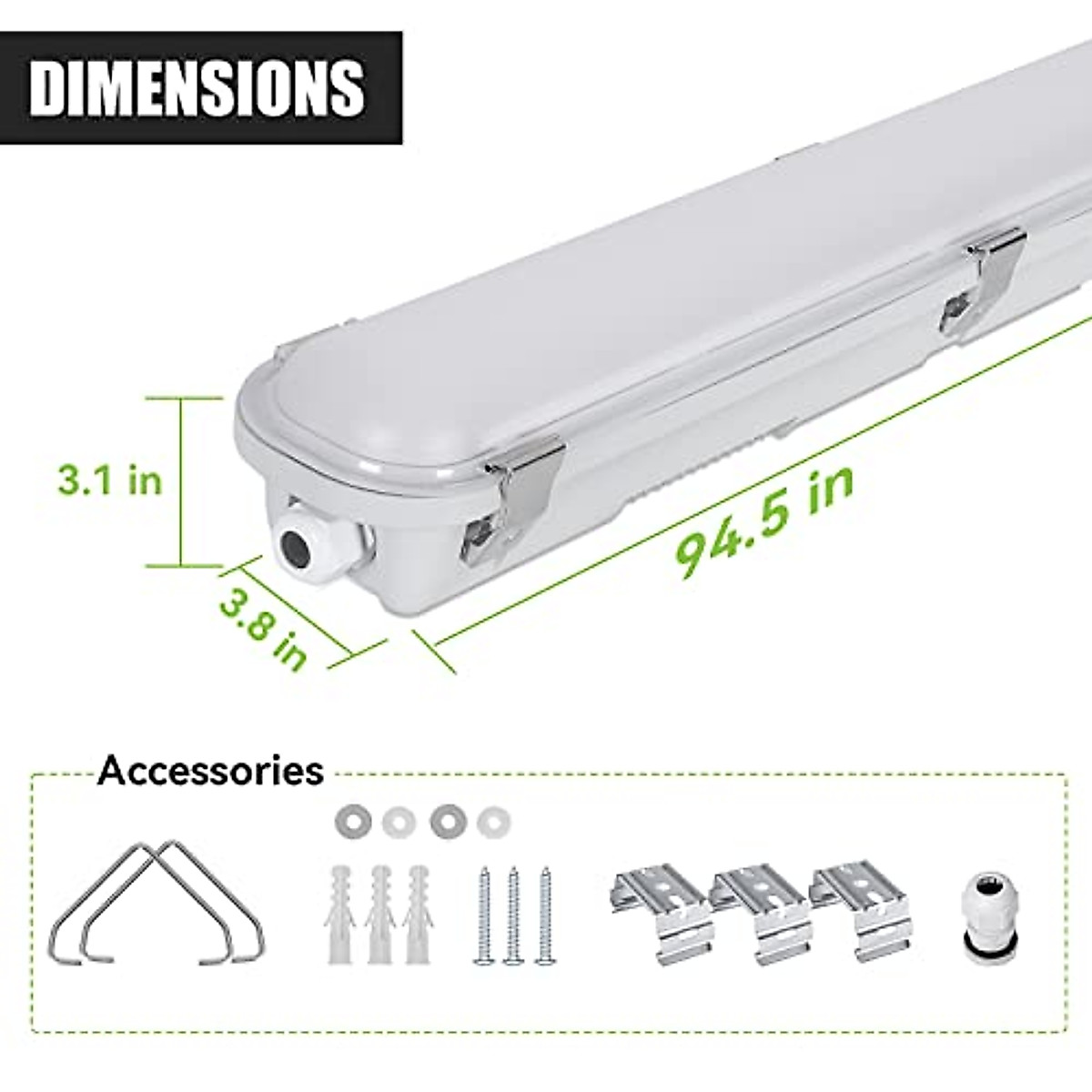 hykolity 8FT LED Vapor Tight Light, 65/75/90W Vapor Light Fixture, [4-lamp F32T8 Equiv.] 3000K/4000K/5000K CCT Selectable, 130lm/W, Waterproof Shop Light for Parking Carport Car Wash, 2 Pack