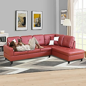 103" W Sectional Couches for Living Room, Faux Leather Couch with Storage Ottoman, Leather Sofa Brown Couches, Modular Sectional Sofa,Modular Sectional Couch for Living Room Furniture Sets, Red