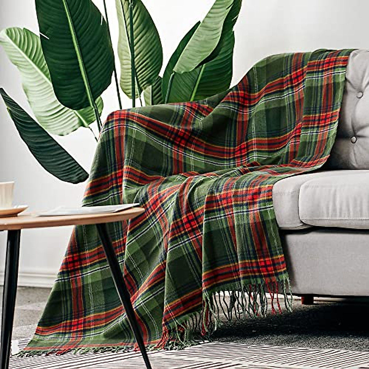 LALIFIT Soft Fluffy Green Red Plaid Fringe Blanket, Lightweight Throw with Tassels for Home Decor, 50" x 60"