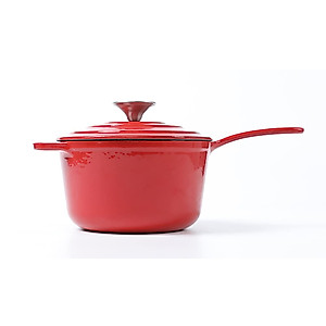 HAWOK Enameled Cast Iron Saucepan, 2QT Saucepan with Lid and Long Handle, Red