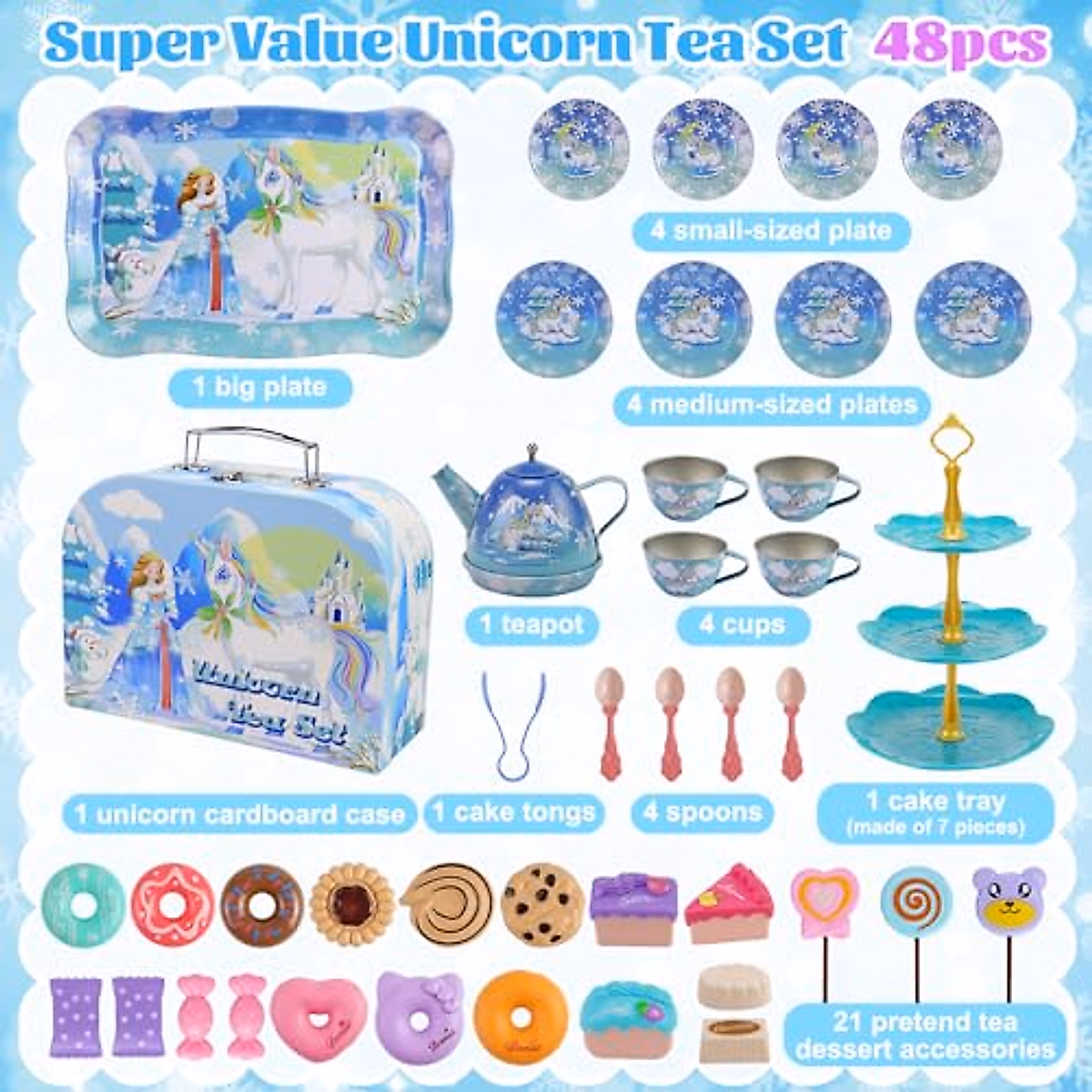 Toddler Toys Tea Set for Little Girls - 48 Pcs Tin Tea Set for Kids Includes Teapot, Tea Cup, Saucers Set Snack Plates & Desserts , Unicorn Princess Tea Party Set with Carrying Case
