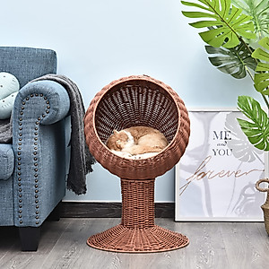 PawHut Elevated Cat Bed with Rotatable Egg Chair Pod, Cat Basket Bed with Thick Cushion, Natural Mat Grass Woven Kitty House, Brown
