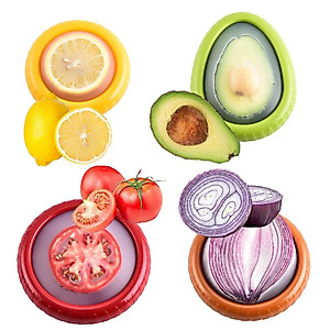 4PCs Silicone film cover+ABS Fruit and Vegetable Storage Containers Set for Fridge, Onion Storage Container, Avocado keeper,Tomato Saver,and Lemon holder reusable food savers