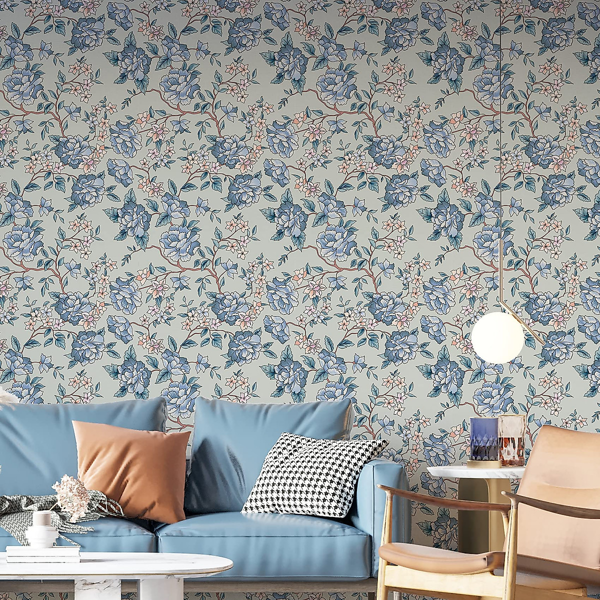 KAMTAIVOY Peel and Stick Wallpaper Blue Floral Contact Paper Removable Self-Adhesive Waterproof Flower Wallpaper Wall Mural Decoration 15.71inch x 118.1inch for livingroom Bedroom Wallpaper