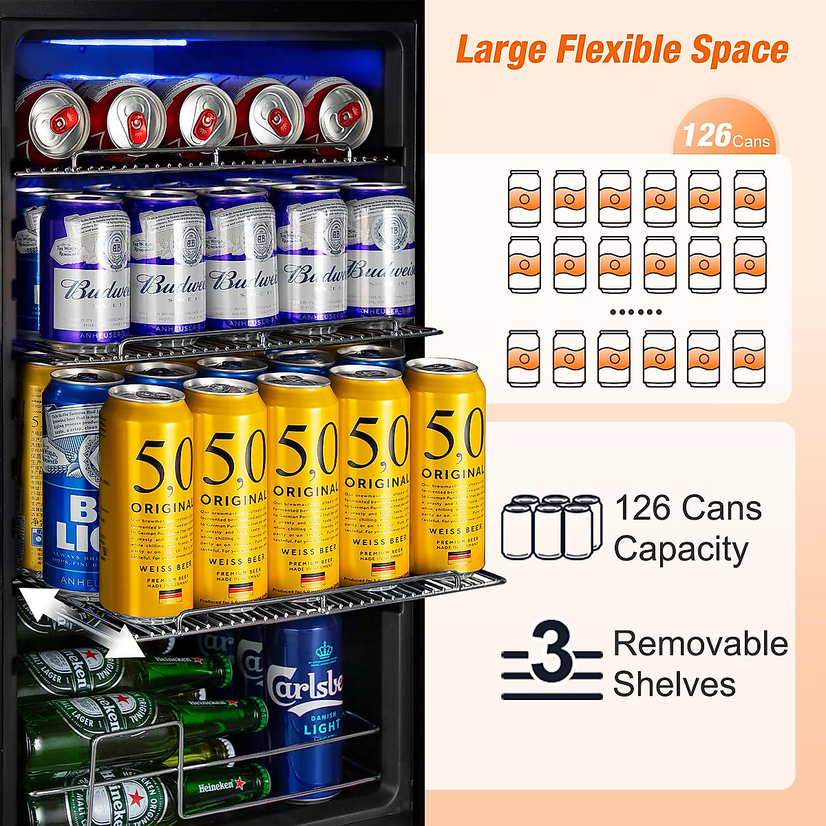 turephe Beverage Refrigerator 17 Inch Wide, Mini Beverage Cooler with Glass Door 126 Cans, Countertop/Freestanding Beverage Beer Fridge with Temperature Memory, Perfect for Soda, Beer