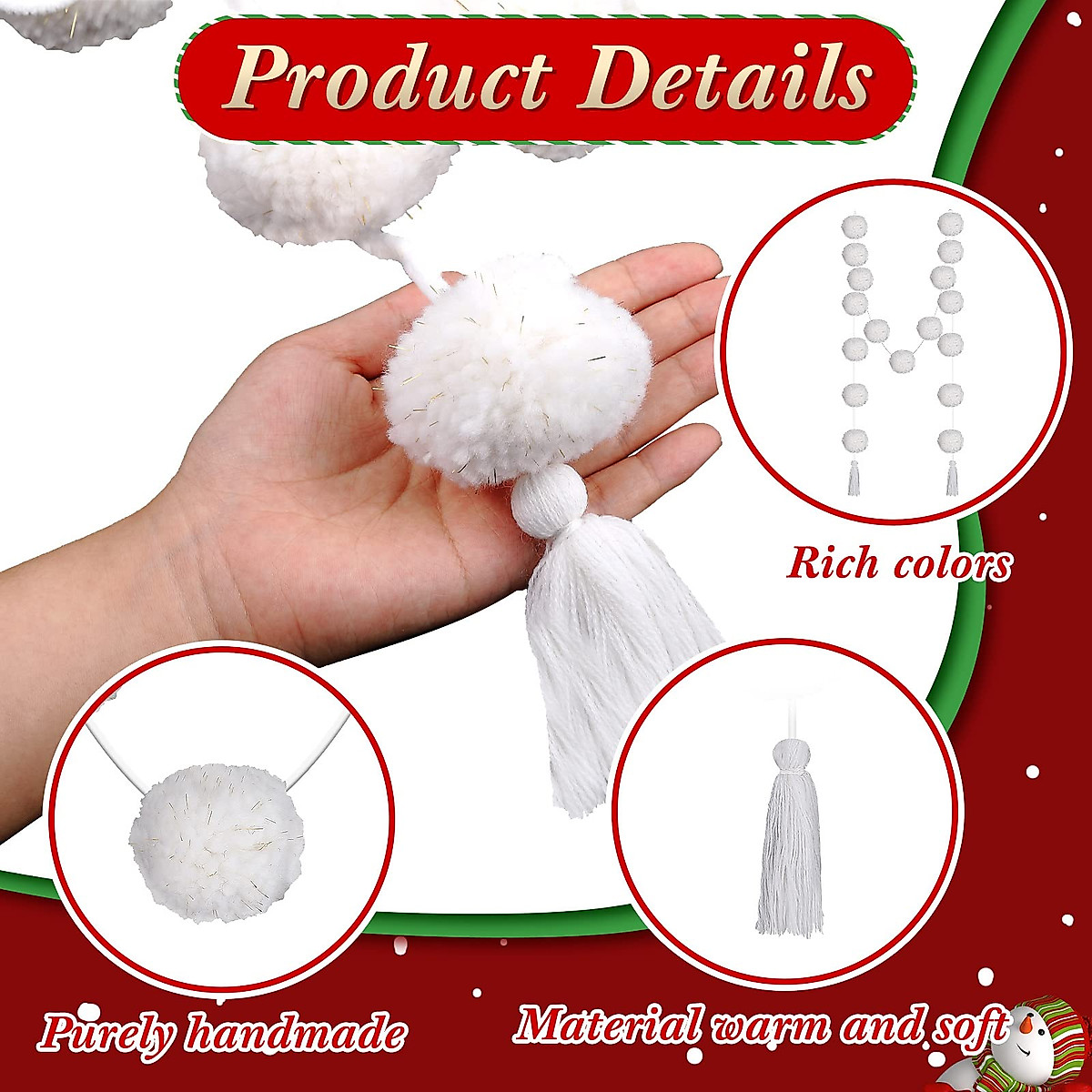 Jecery 65.6 FT Christmas Pompoms Garlands Yarn Felt Ball Pom Pom Garland with Tassel Handmade Hanging Ball Banner for Xmas Holiday Tree Home Wall Room Decorations, 8 Pieces 8.2 FT 18 Balls (White)