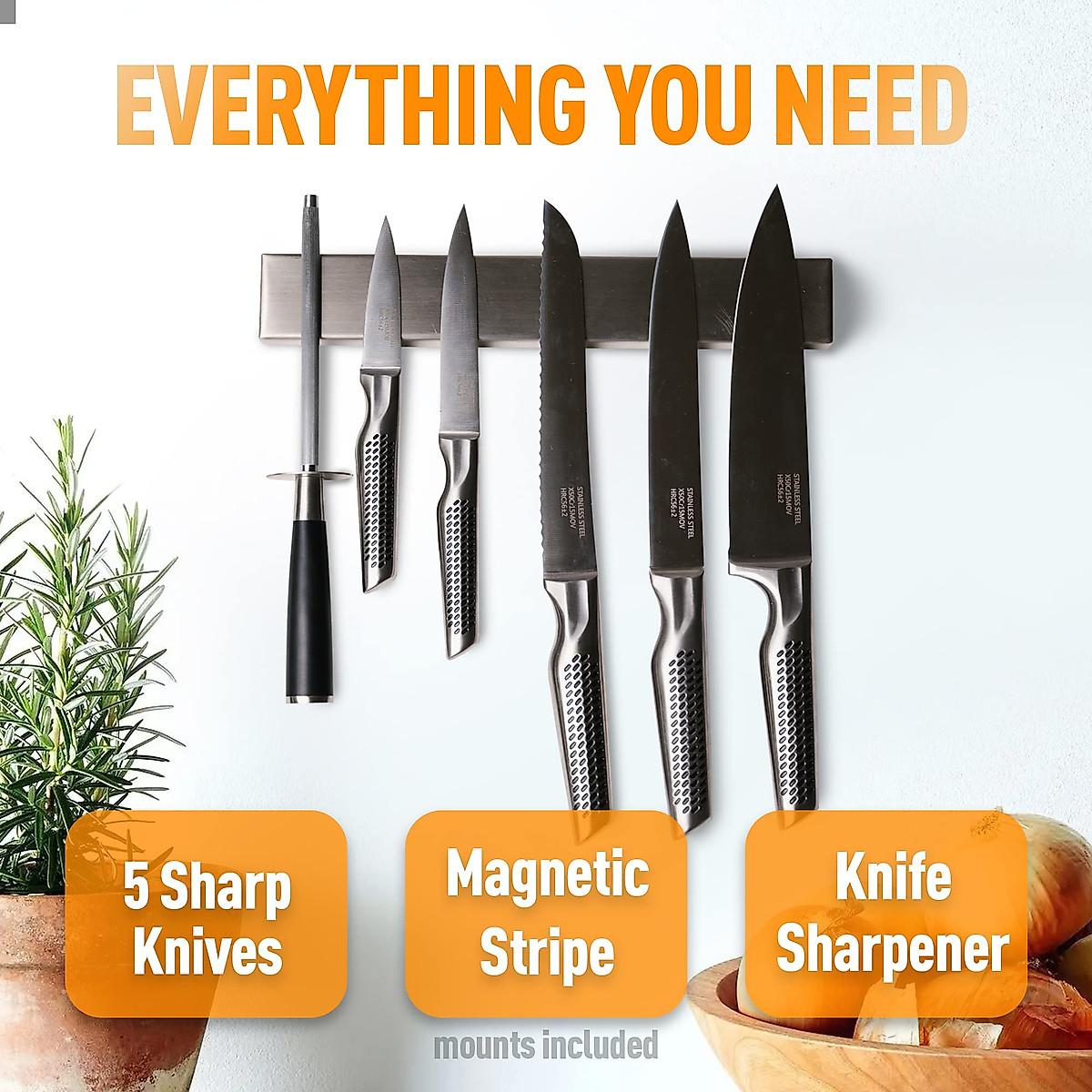 7 Pcs Ultra Sharp Kitchen Chef Knife Set with Magnetic Strip, Sharpener and Gift Box - Professional Stainless Steel Cooking Knives Set for Cutting Meat & Vegetable, Great for Gift