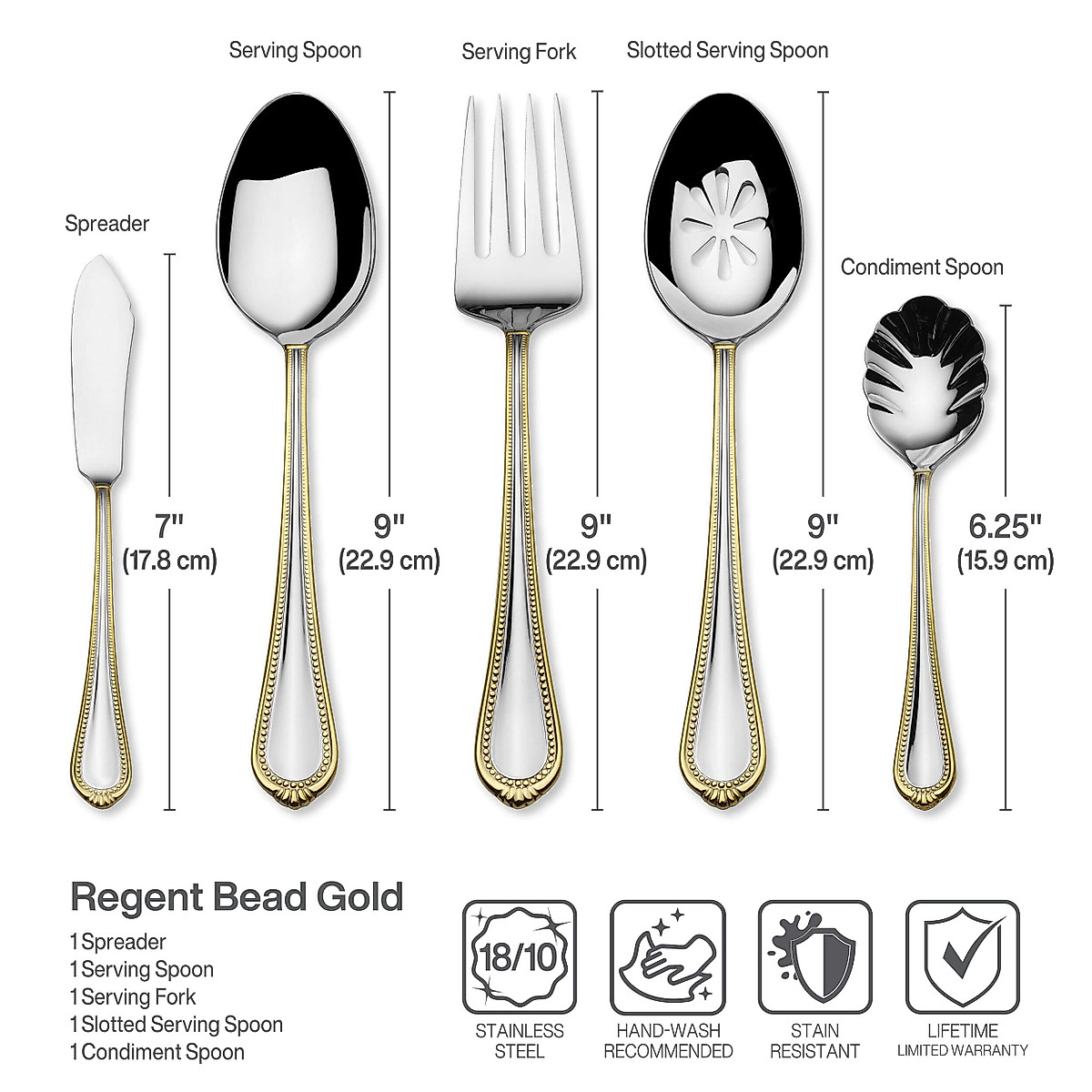 Mikasa, Gold Accent Regent Bead Flatware Service for 12, 65 Piece Set, 18/10 Stainless Steel, Silverware Set with Serving Utensils