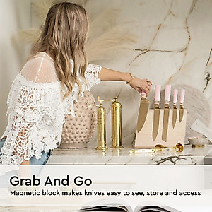 Pink Knife Set with Magnetic Knife Block - 6 PC Pink and Gold Knife Set with Block Includes Pink Kitchen Knife Set & Ashwood Magnetic Knife Holder - Pink Kitchen Accessories