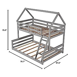 Twin Over Full House Bunk Bed with Built-in Ladder, Low Bunk Bed Fram w/Safety Guard Rails and Wood Slat Support for Kids Teens Adults, Convertible to 2 Beds, No Box Spring Required,Gray