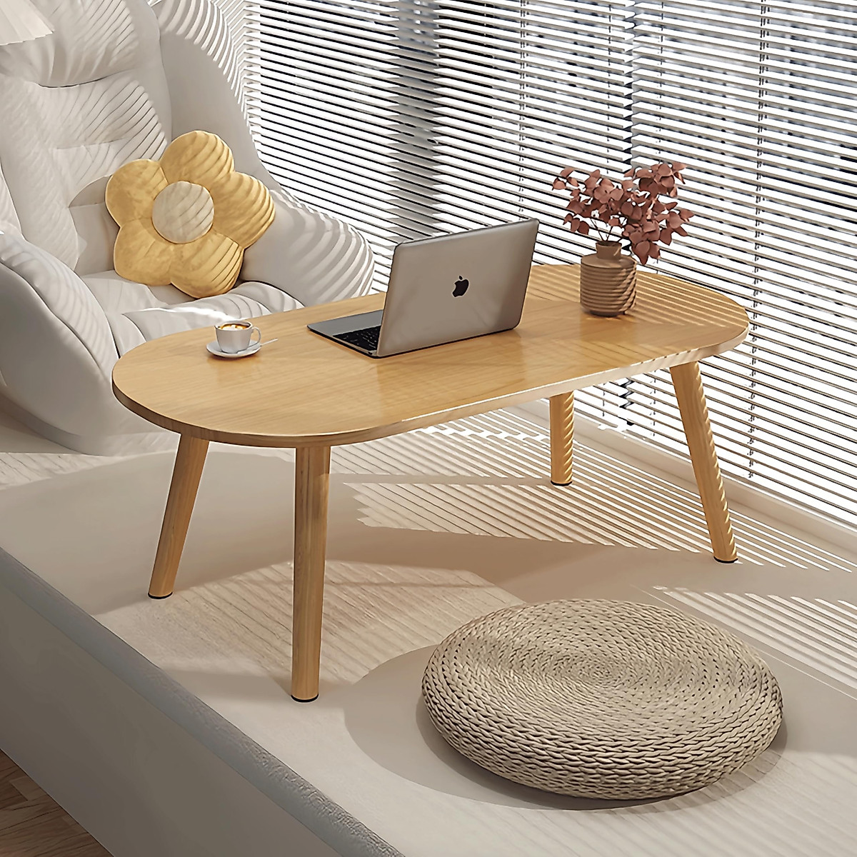 Funecy Small Coffee Table Low Table Solid Wood Sturdy Floor Table Desk for Sitting on The Floor, Storage and Living Room Furniture，Natural Wood，24inch (Round Wood, 24 * 16inch)