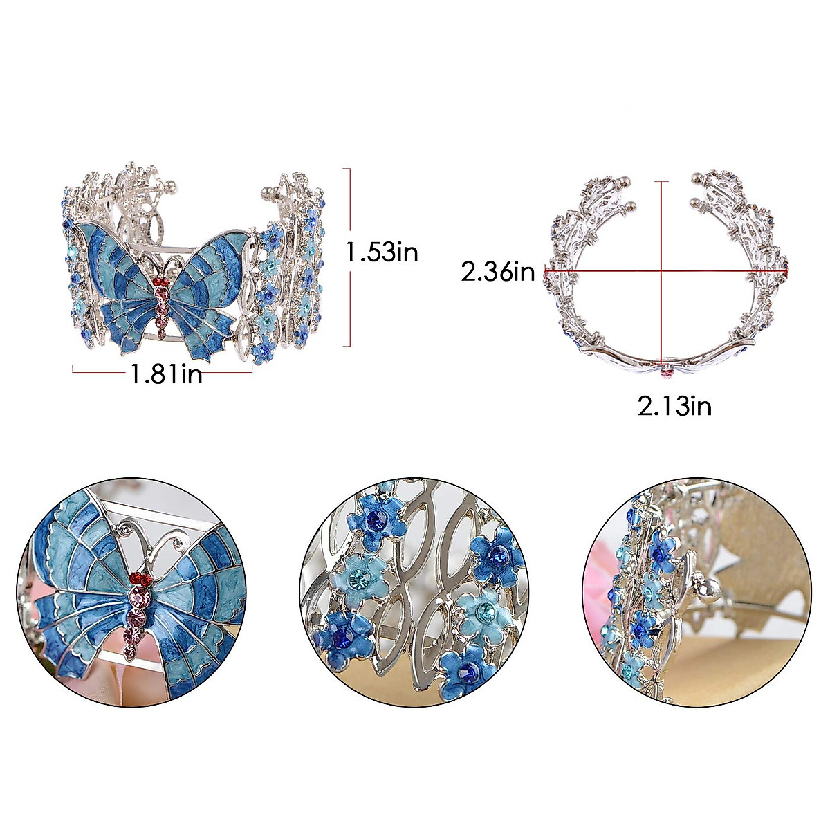 Alilang Silver Tone Blue Enamel Floral Crystal Rhinestone Flower Butterfly Cuff Bangle Bracelet